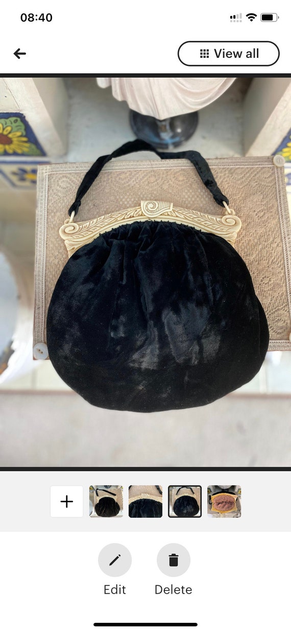 Antique black velvet Victorian Edwardian handbag with… - Gem