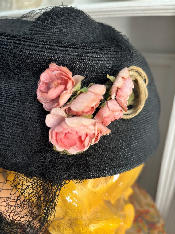 1940s 1950s black straw hat with Neil and pink posey … - Gem