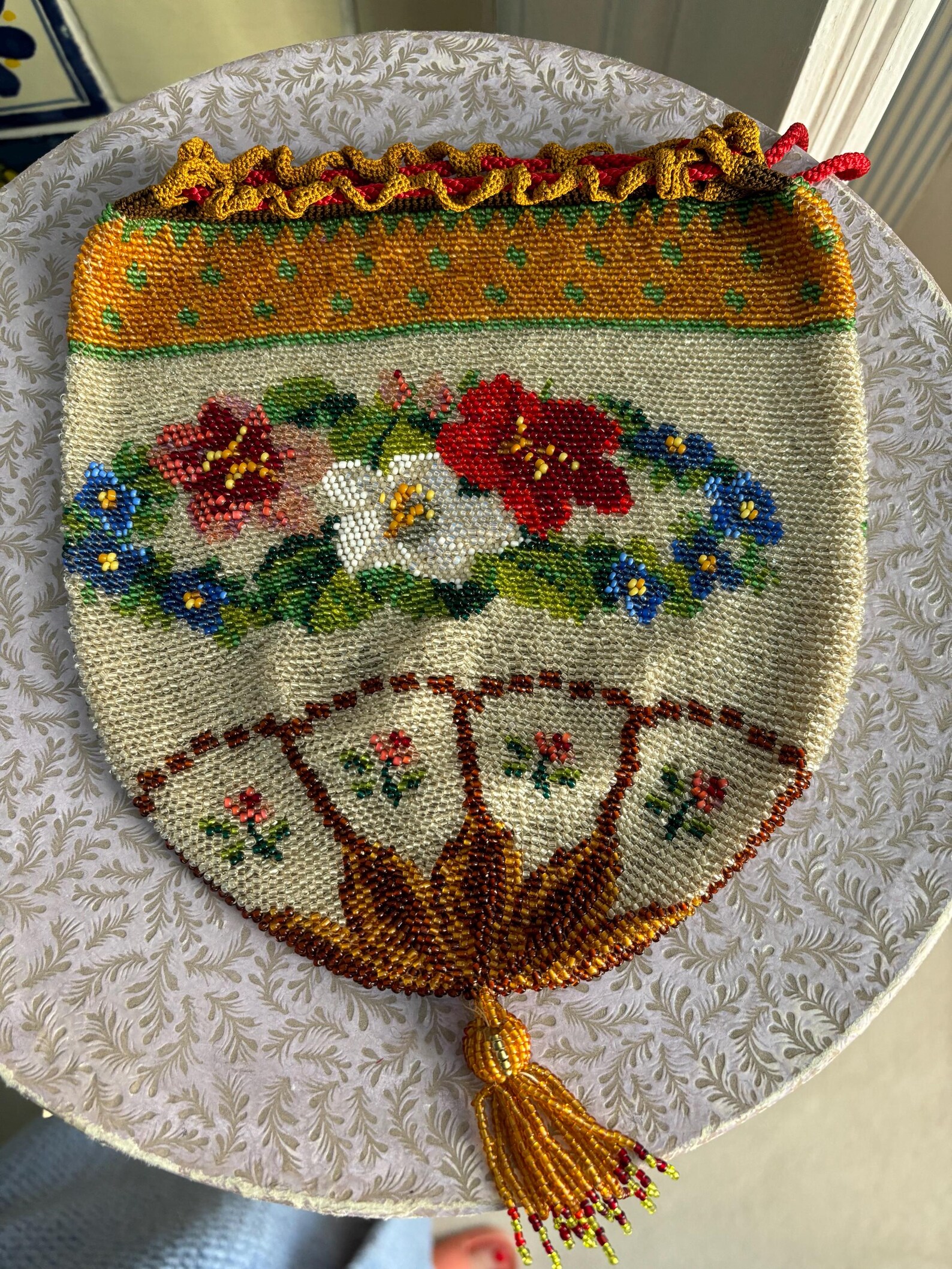 Antique Victorian Red Blue Green and Gold Microbeaded Drawstring Floral ...