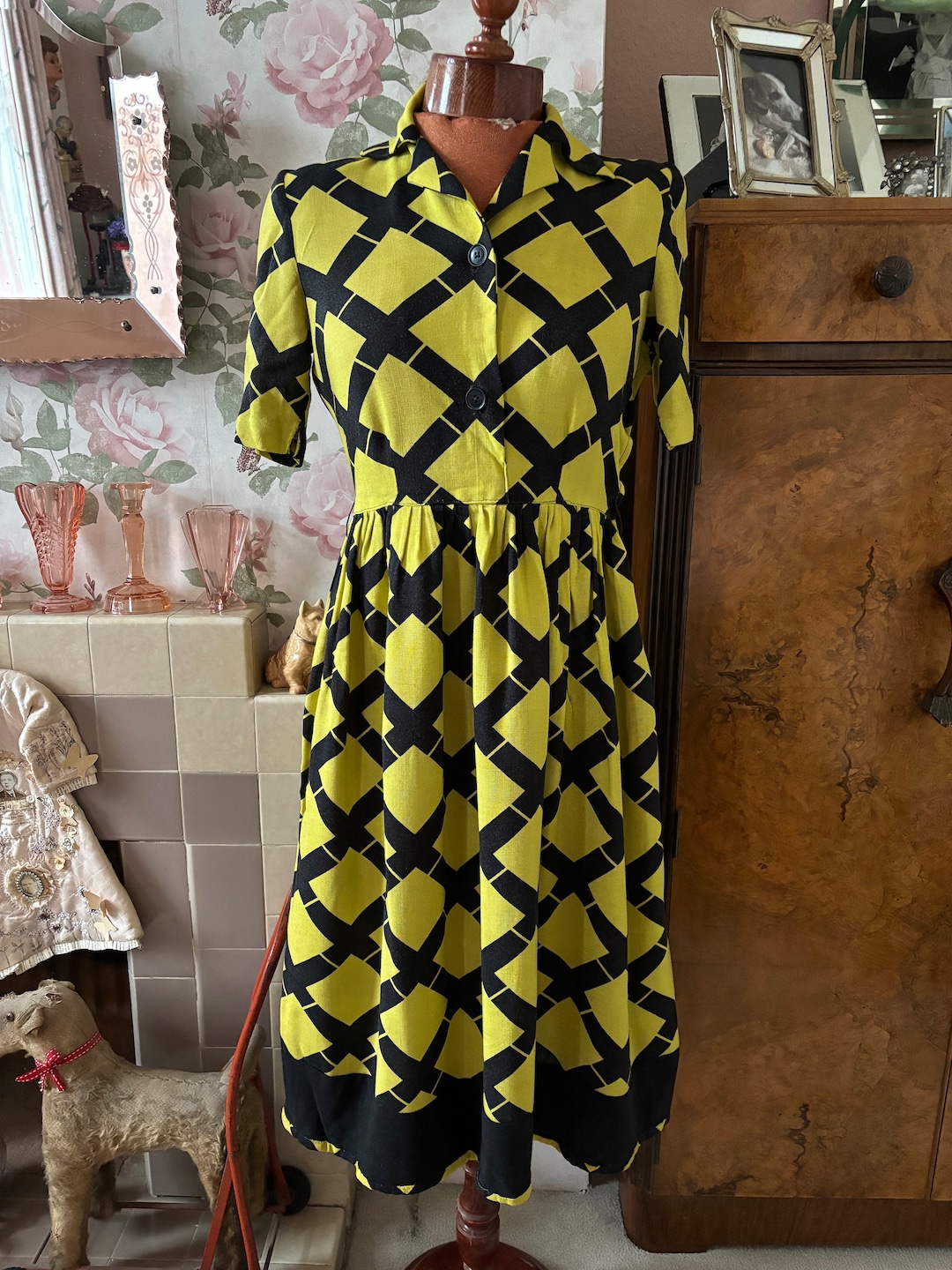 1940s CC41 Blanes Yellow and Black Linen Dress. Waist 28. Immaculate ...