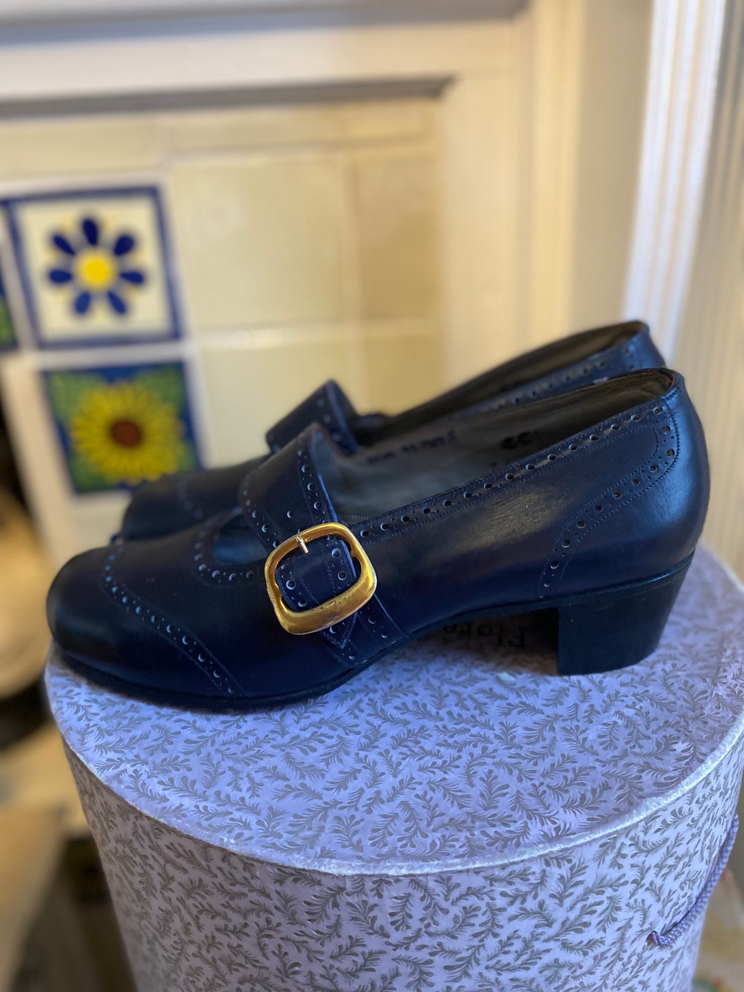 Vintage 1940s Cc41 Deadstock Navy Blue Leather Mary-jane Brogue Shoes ...