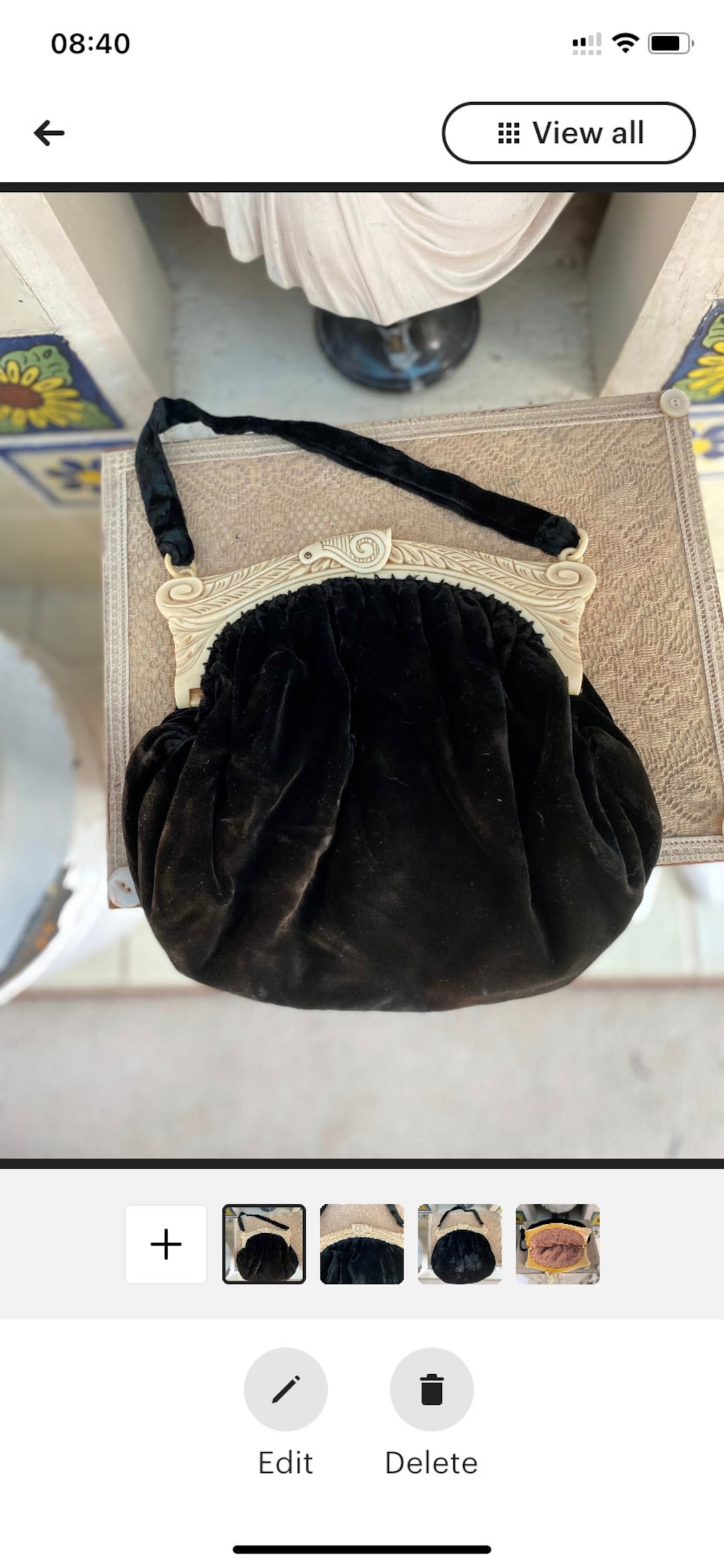 Antique Black Velvet Victorian Edwardian Handbag With Carved Frame and ...