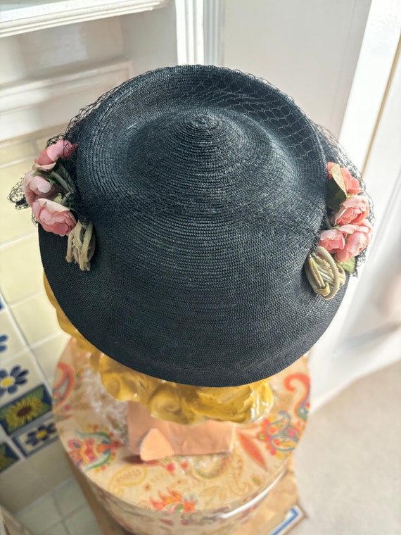 1940s 1950s black straw hat with Neil and pink posey … - Gem