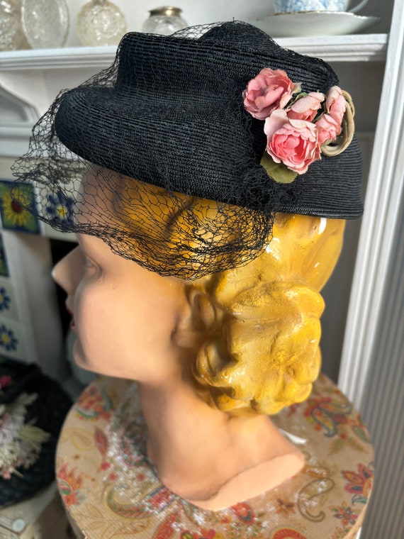 1940s 1950s black straw hat with Neil and pink posey … - Gem
