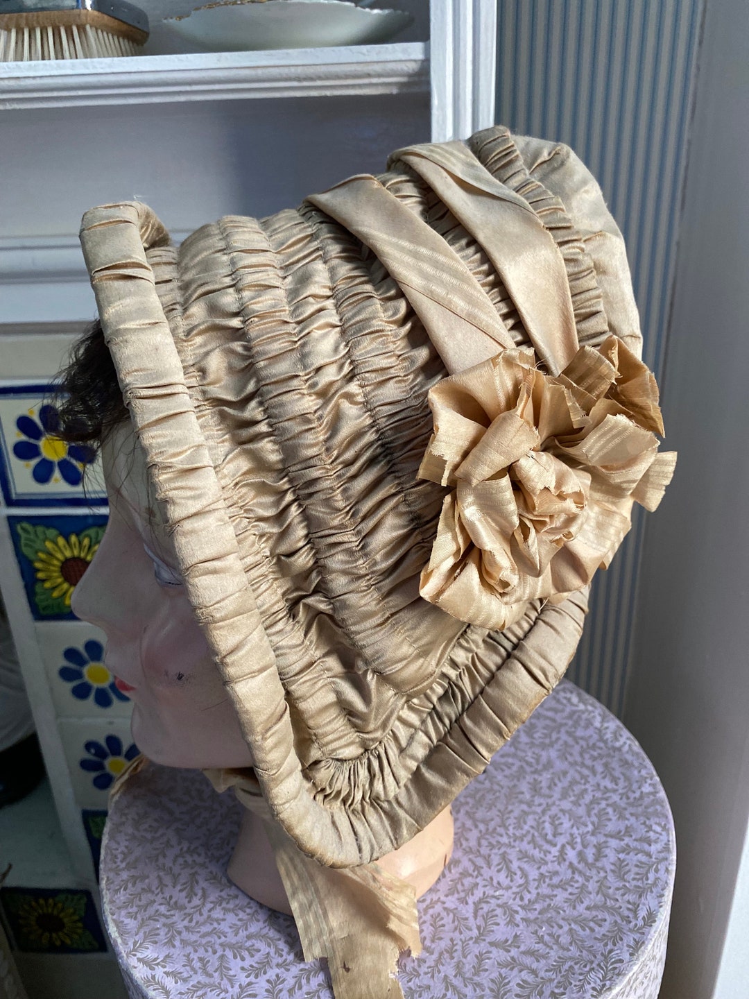 Antique Mid Victorian Beige Silk Bonnet. Rare. Approx 1850. 19th ...