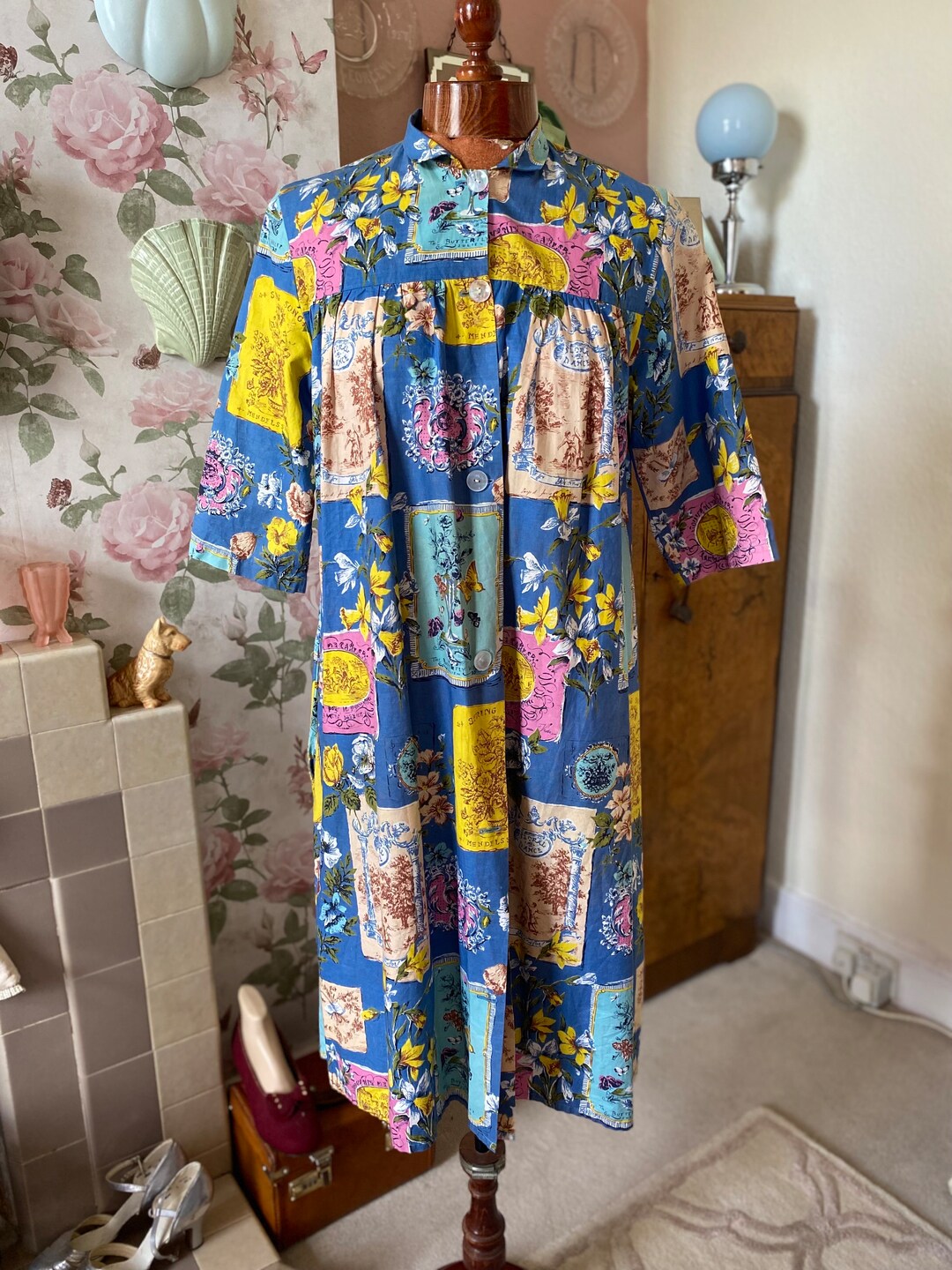 1950s Novelty Print Blue Housecoat. Duster Coat Jacket - Etsy