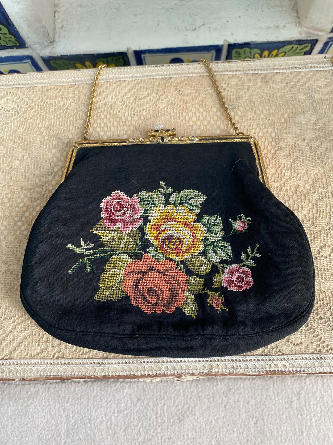 Antique Late Edwardian Petitpoint Bag With Goldtone Frame and Marcasite ...