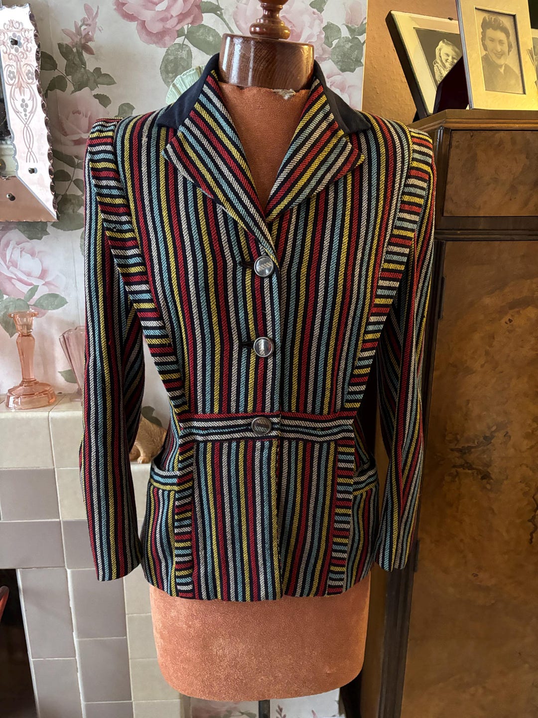 1940s Rare Trebor Red Blue Yellow and Green Striped Wool Jacket Blazer ...