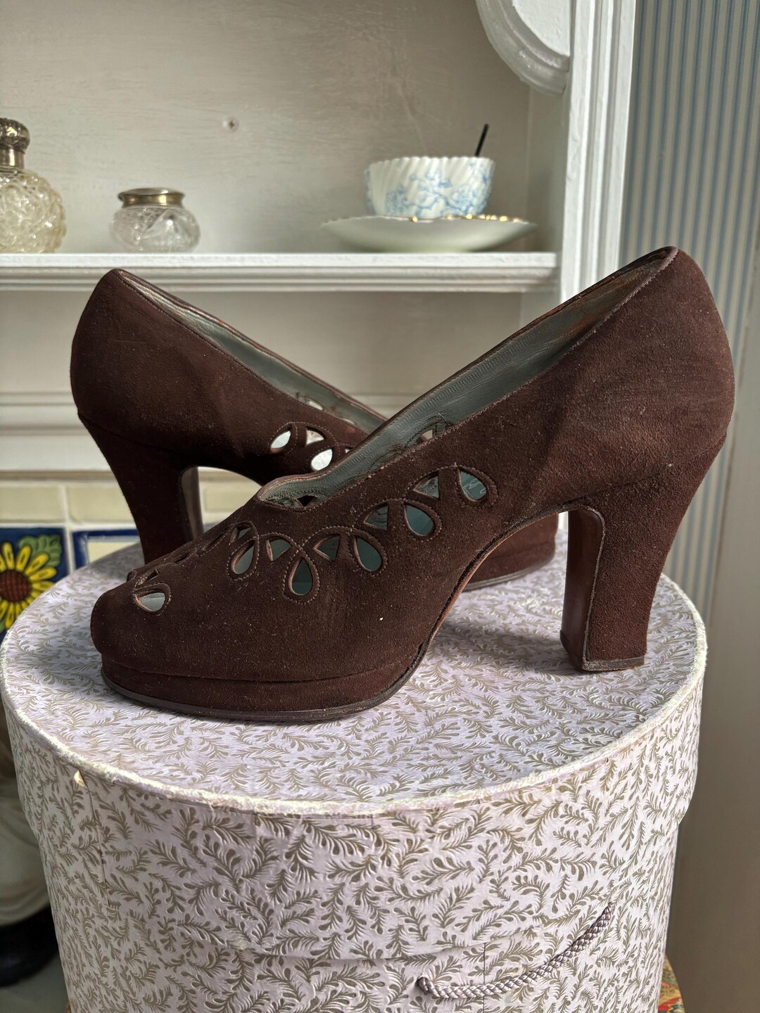 1940s CC41 Brown Suede Peep Toe High Heel Shoes With Fretwork. Uk 4/4.5 ...