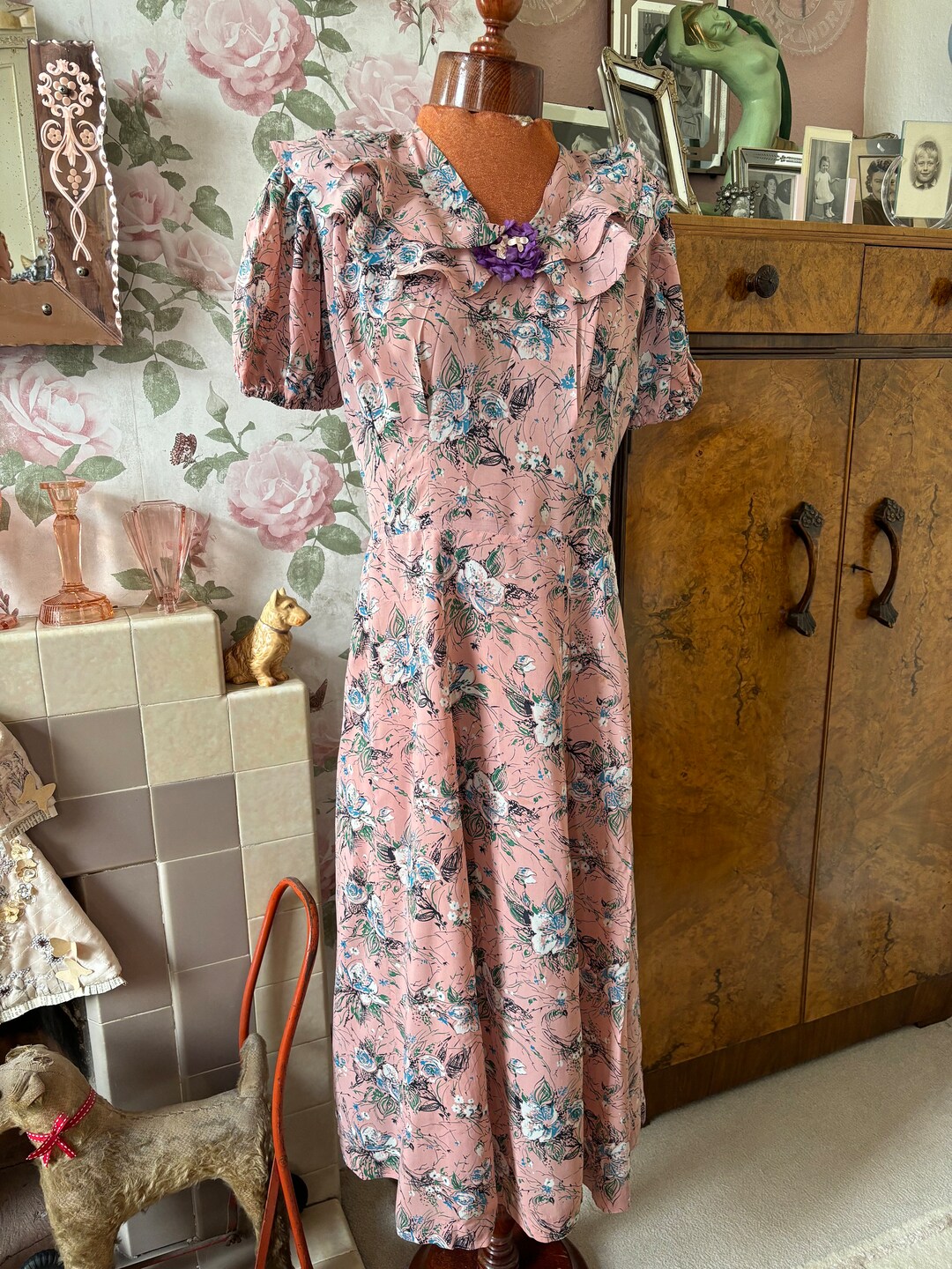 1930s Deco Floaty Pink Blue and Purple Rayon Tea Dress With Ruffles and ...