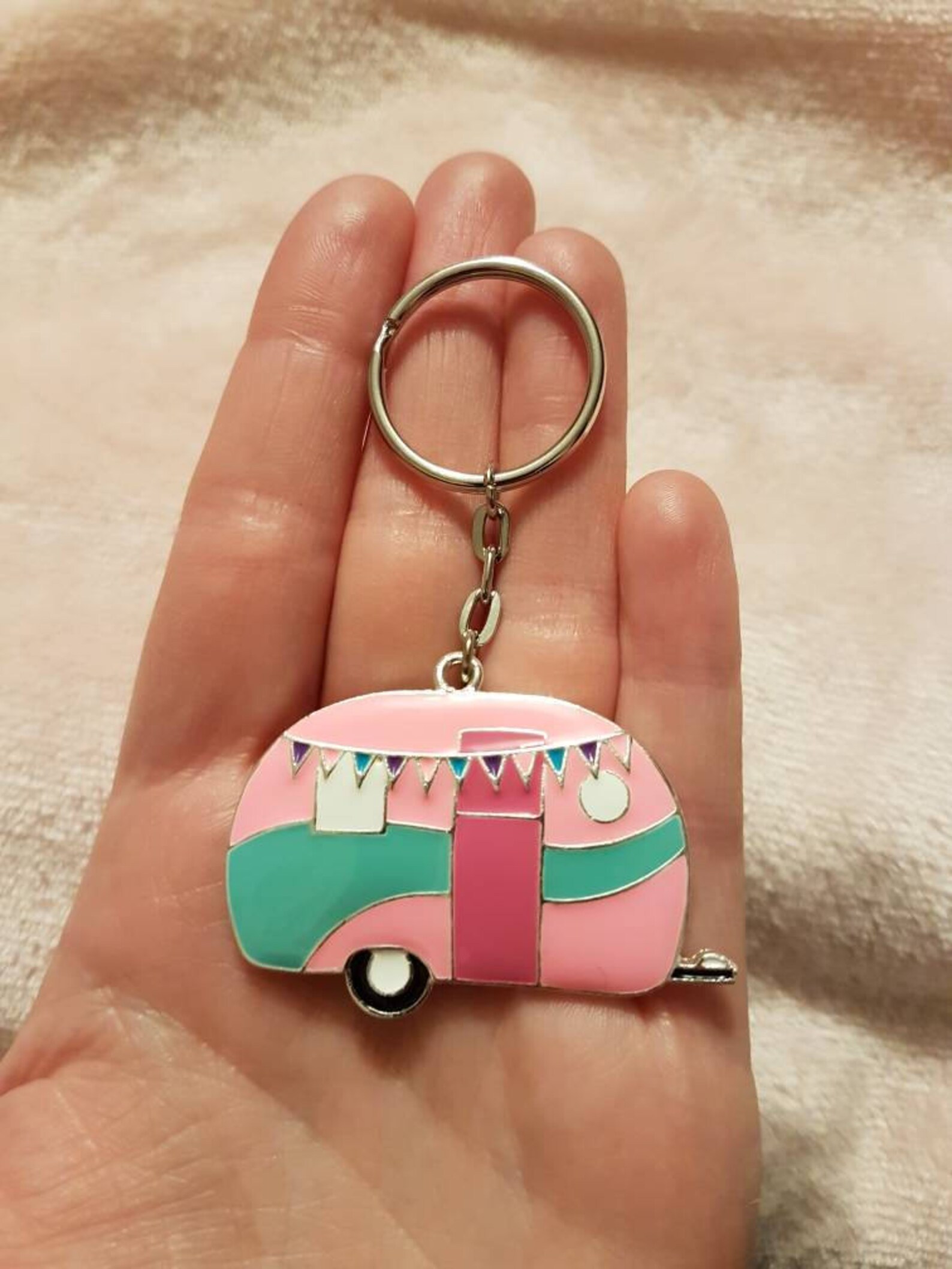 Caravan Pink Keyring Keychain. Enamel Charm, Bag Charm, Birthday Gift ...