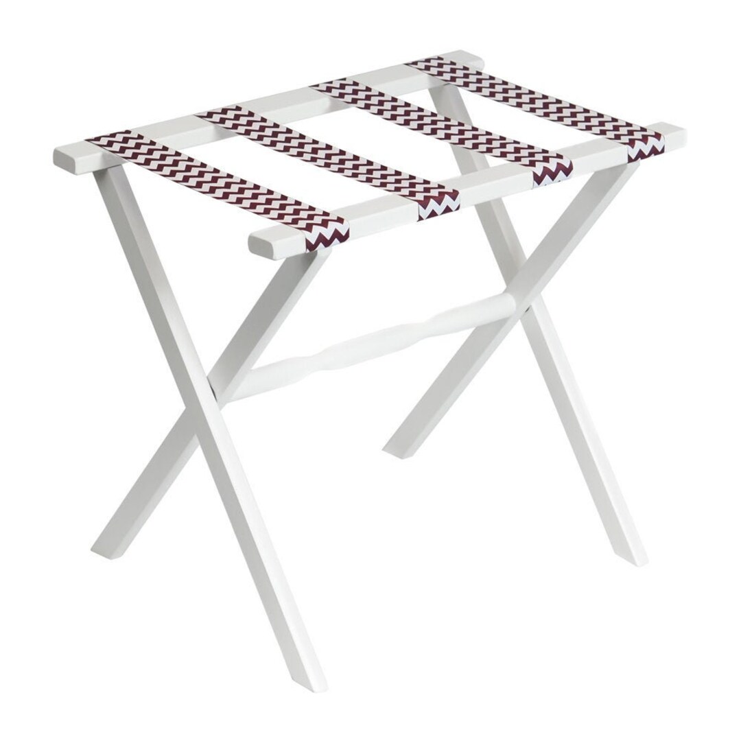 White Straight Leg Wood Luggage Rack With Burgundy Chevron Straps ...