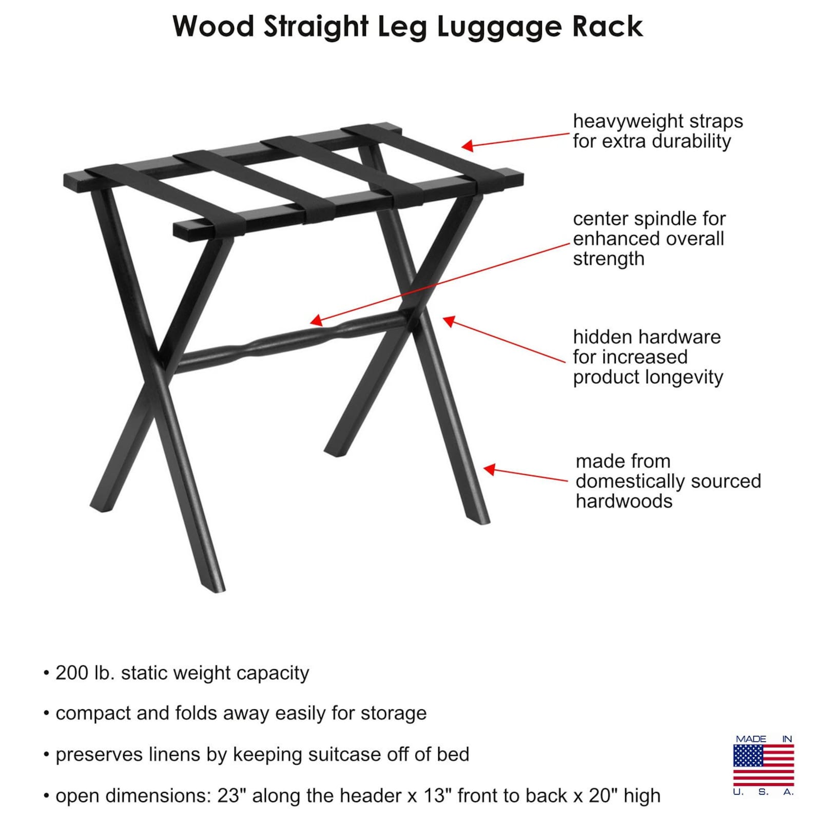 Black Straight Leg Wood Luggage Rack With Grey Ladder Straps - LIMITED ...