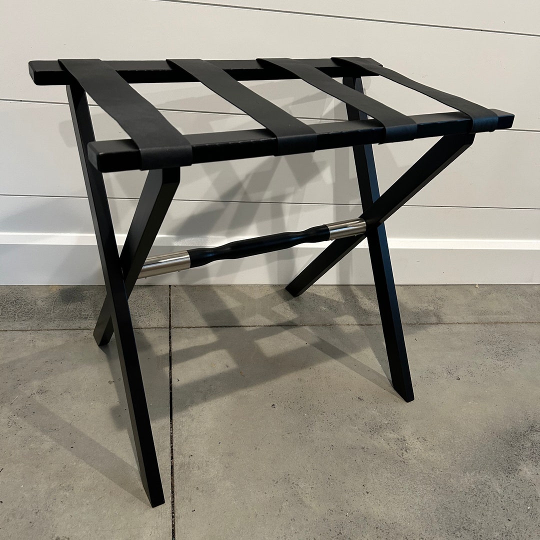 Black Finish Straight Leg Wood Luggage Rack With Black Leather Straps ...