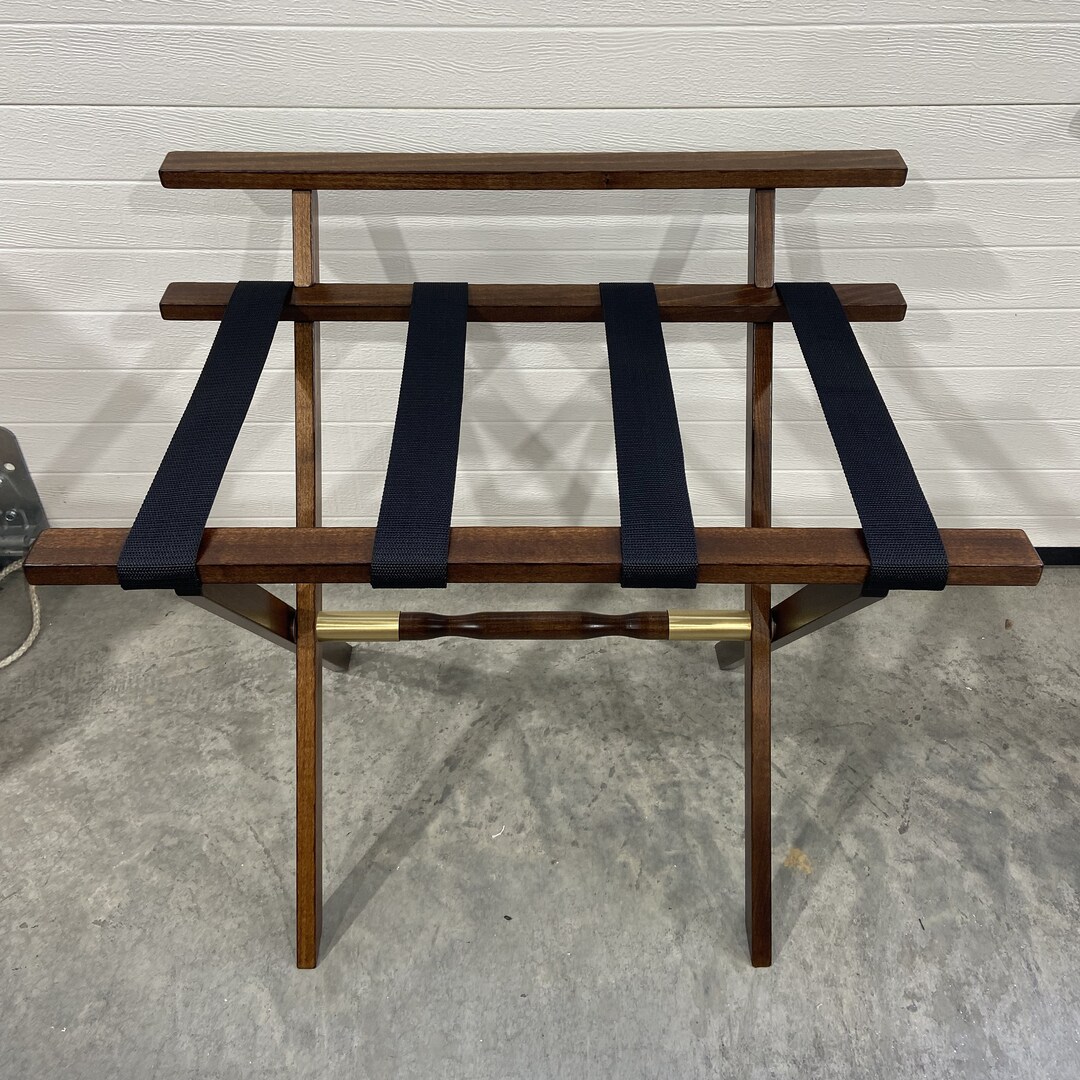 Brown Wall Protector Wood Luggage Rack With Black Straps and Brass ...