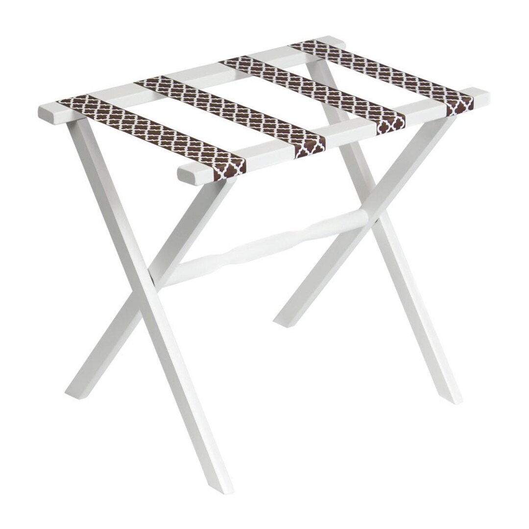 White Straight Leg Wood Luggage Rack With Brown Quatrefoil Straps ...