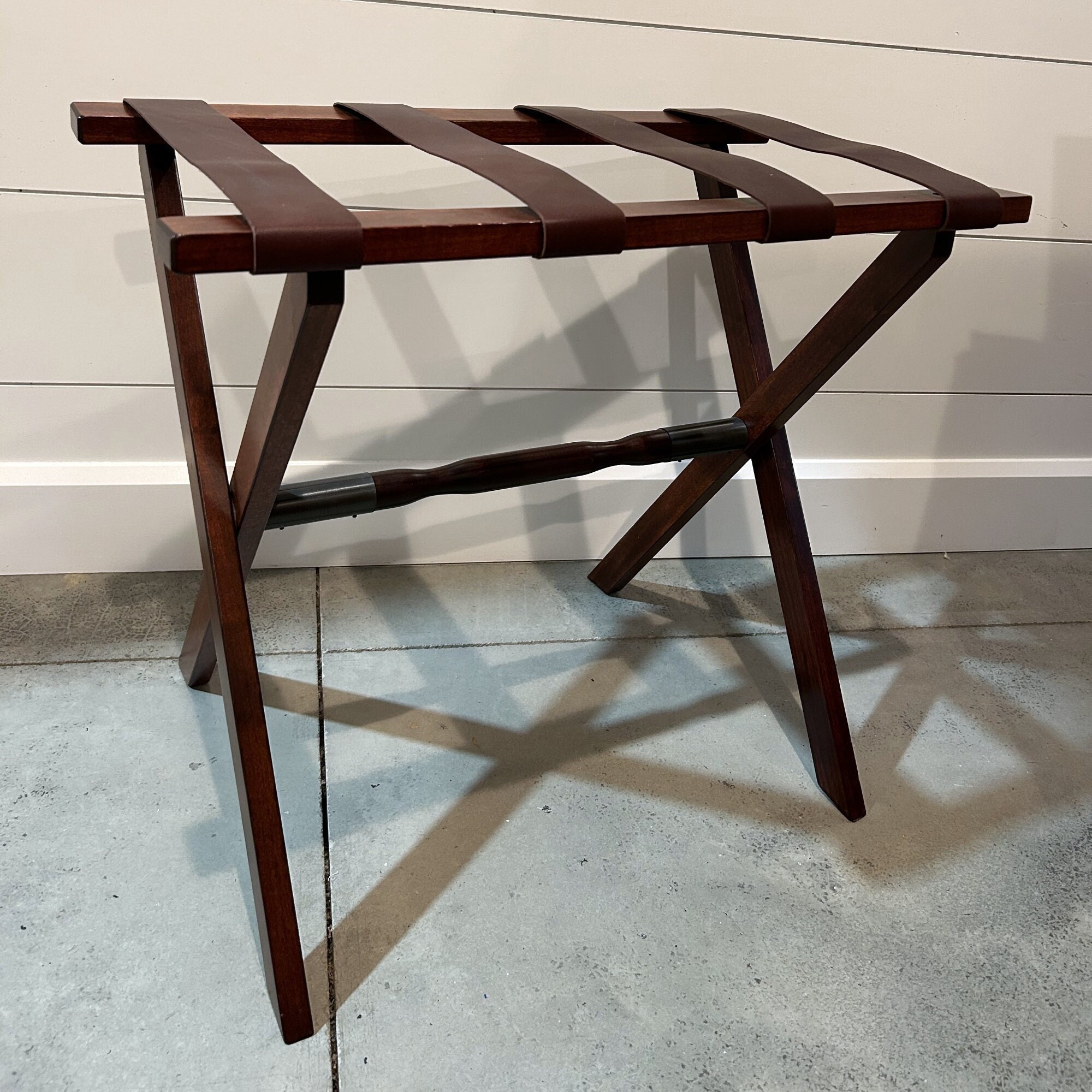 Rich Mahogany Finish Straight Leg Wood Luggage Rack With Brown Leather ...