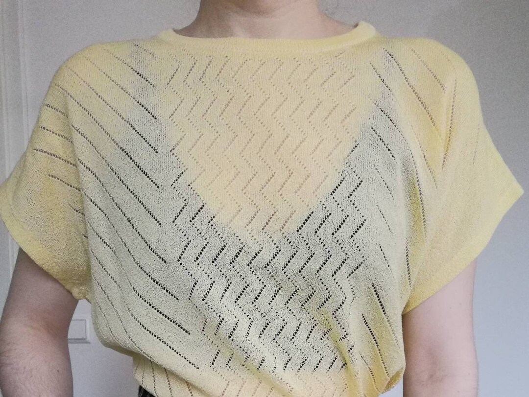 True Vintage Shirt Knit Yellow 70s 80s Retro Pastel Lace Pattern Summer M - Etsy