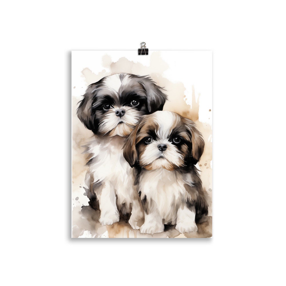 Pair of Cute Shih Tzu Dogs, Watercolour Illustration Portrait Art, Wall ...