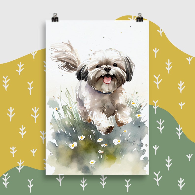 Super Happy Puppy Shih-tzu Running , Watercolour Art Illustration Wall ...