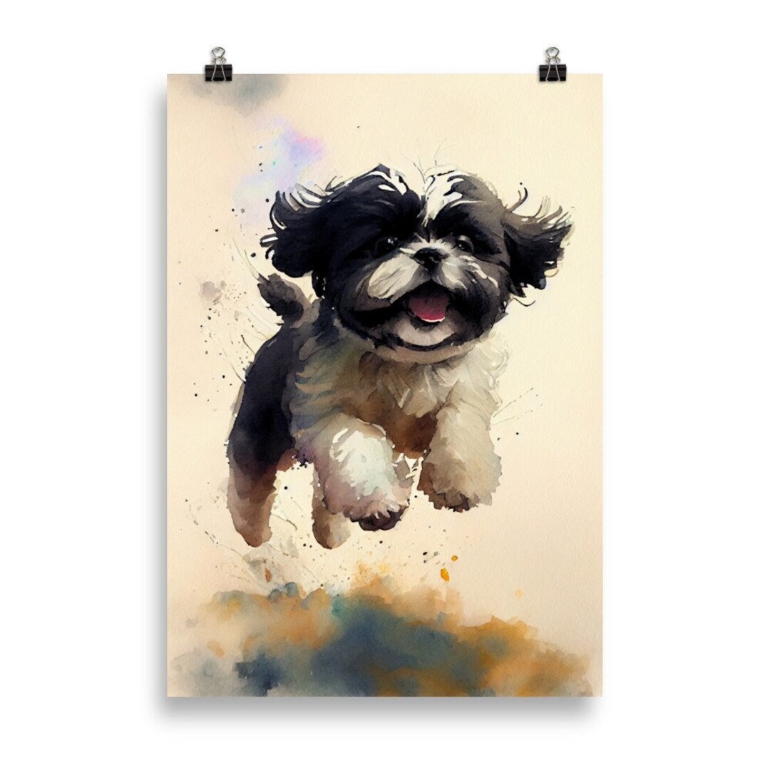 Cute Shih Tzu Jumping Happy Dog Watercolour Illustration Wall Art Decor ...