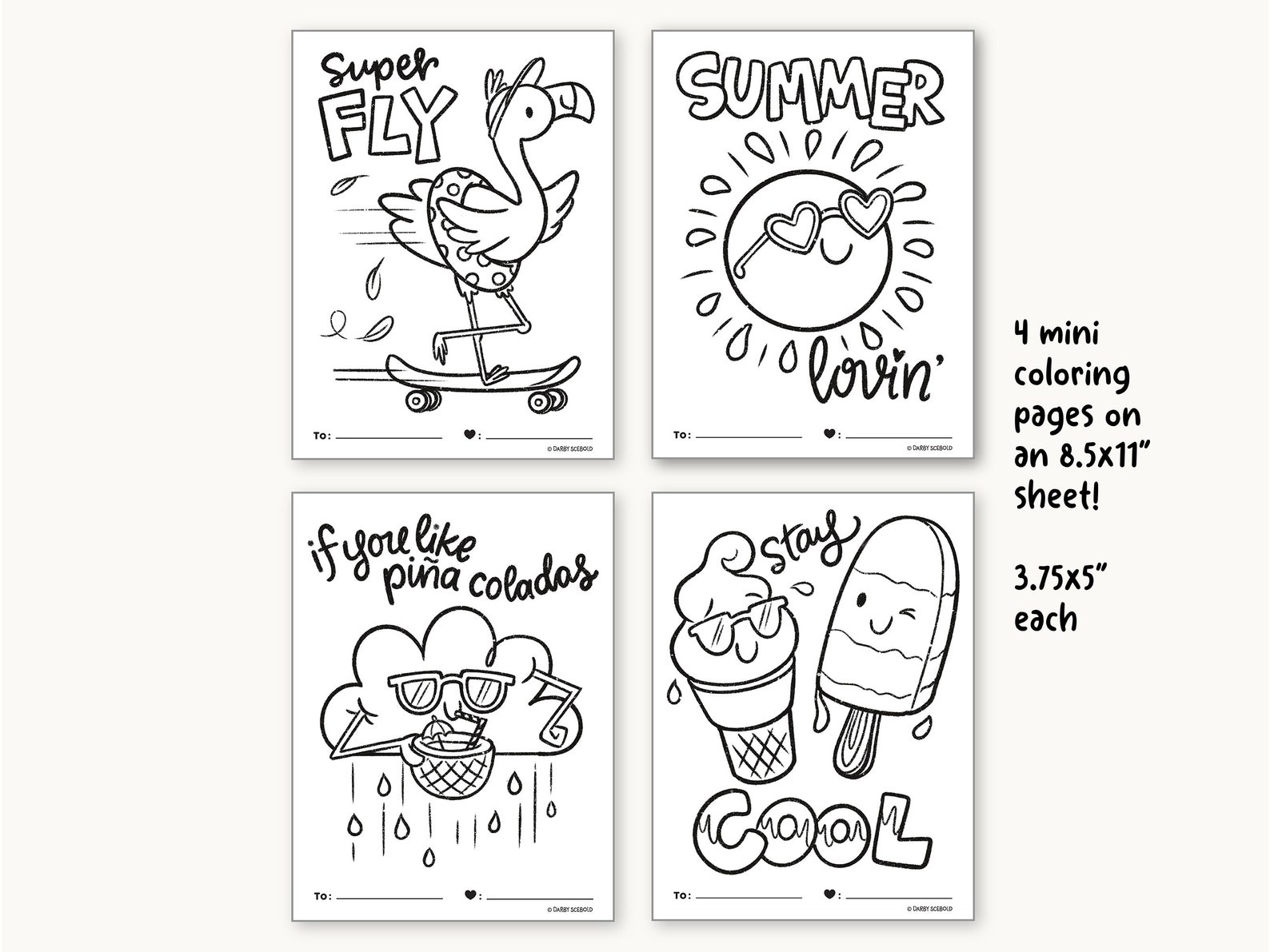 Summer Mini Coloring, Kids Coloring Book, Flamingo, Pina Coladas, Sun ...