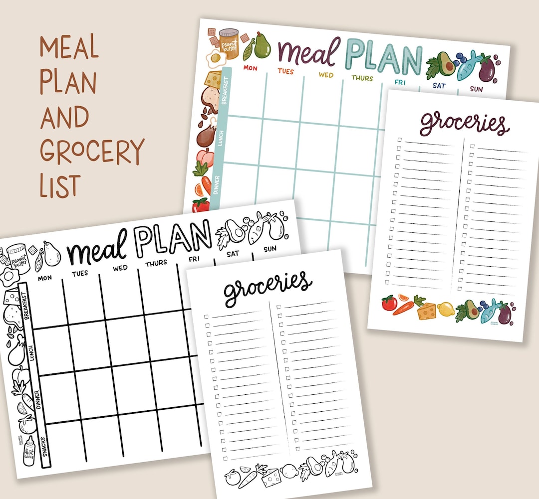 Weekly Meal Plan and Grocery List Coloring Sheets - Etsy