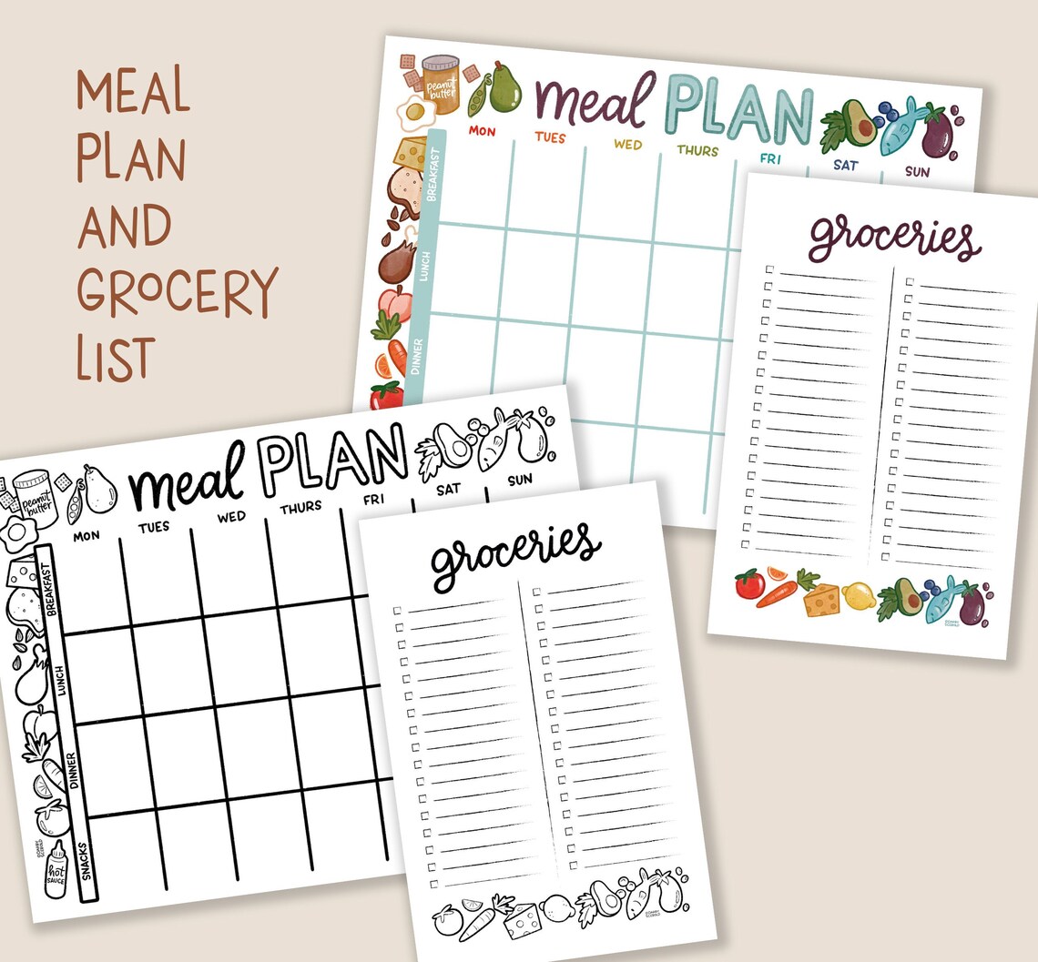 Weekly Meal Plan and Grocery List Coloring Sheets - Etsy