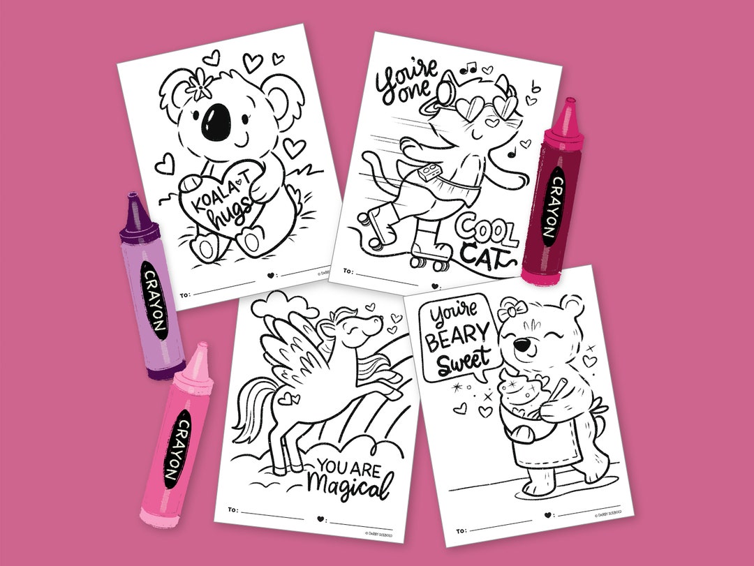 Animal Coloring Valentines Day Cards / Printable DIY Card / Valentines ...