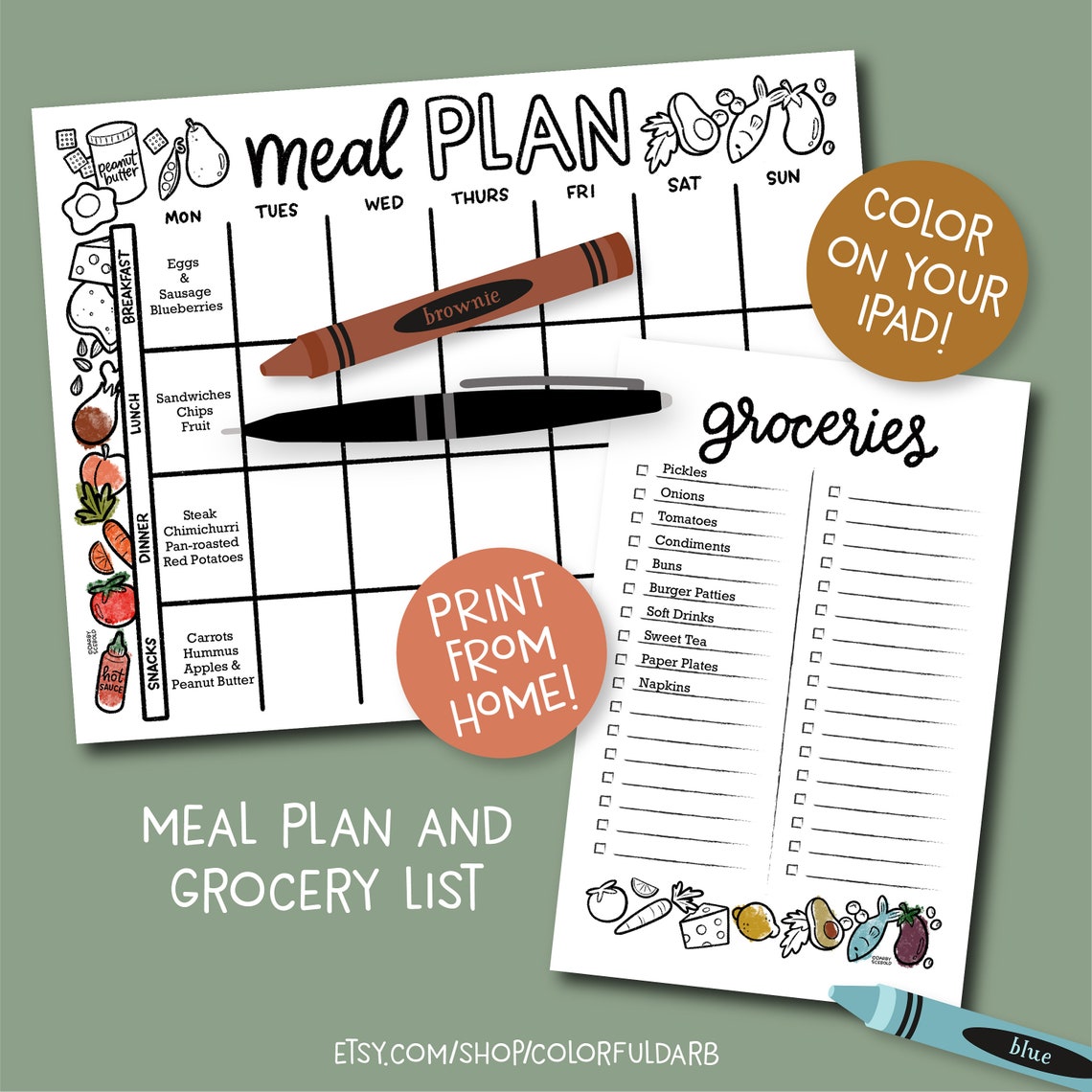 Weekly Meal Plan and Grocery List Coloring Sheets - Etsy