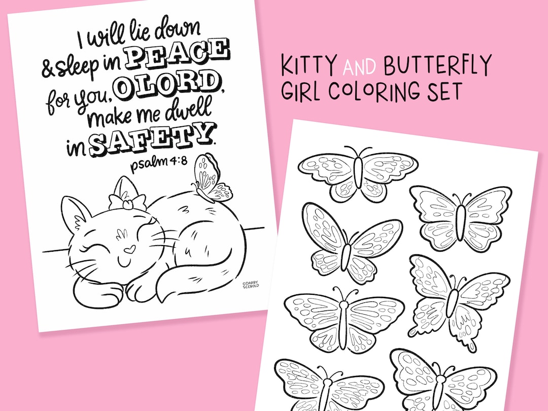 Girl Coloring Pages Featuring Kitty, Butterflies, Bible Verse ...