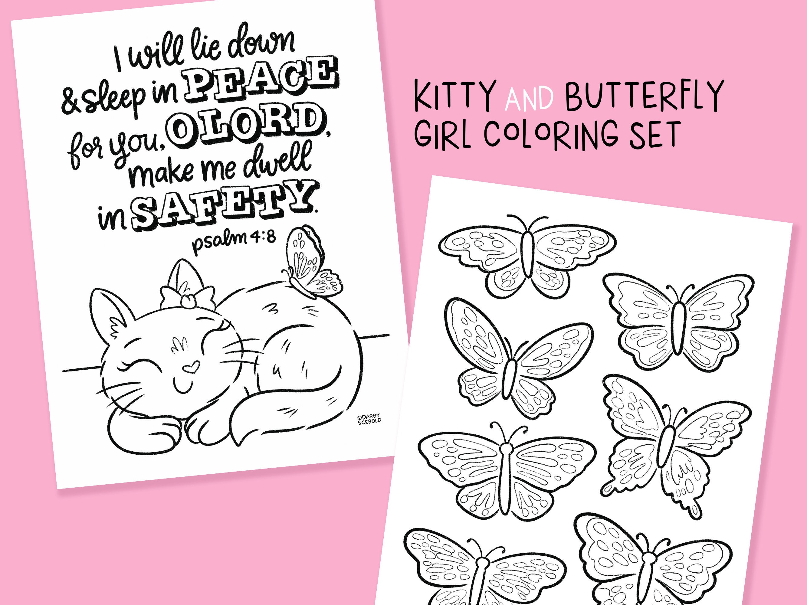 Girl Coloring Pages Featuring Kitty, Butterflies, Bible Verse ...