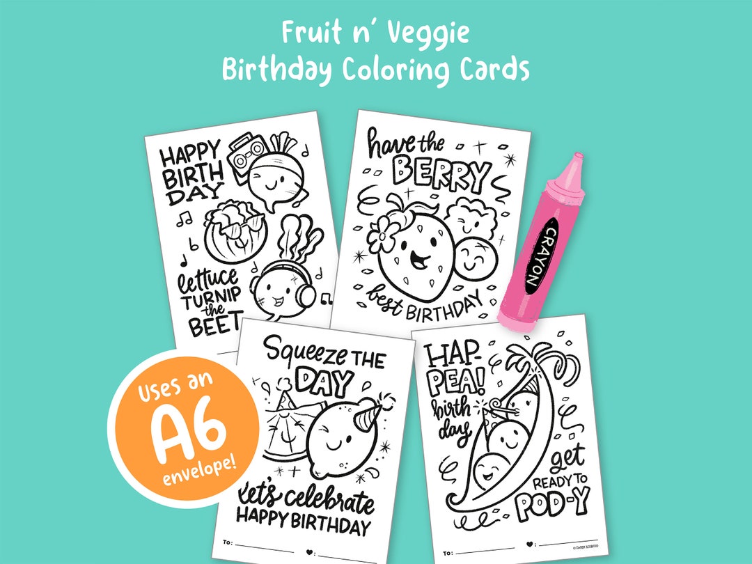 Fruit N' Veggie Birthday Coloring Cards, Coloring Book for Kids ...