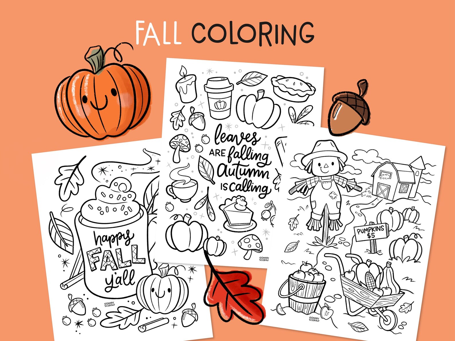 Fall Printable Coloring Pages, Autumn Coloring Book for Kids, Fall Leaf ...