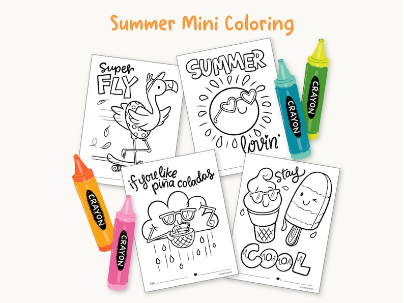 Summer Mini Coloring, Kids Coloring Book, Flamingo, Pina Coladas, Sun ...