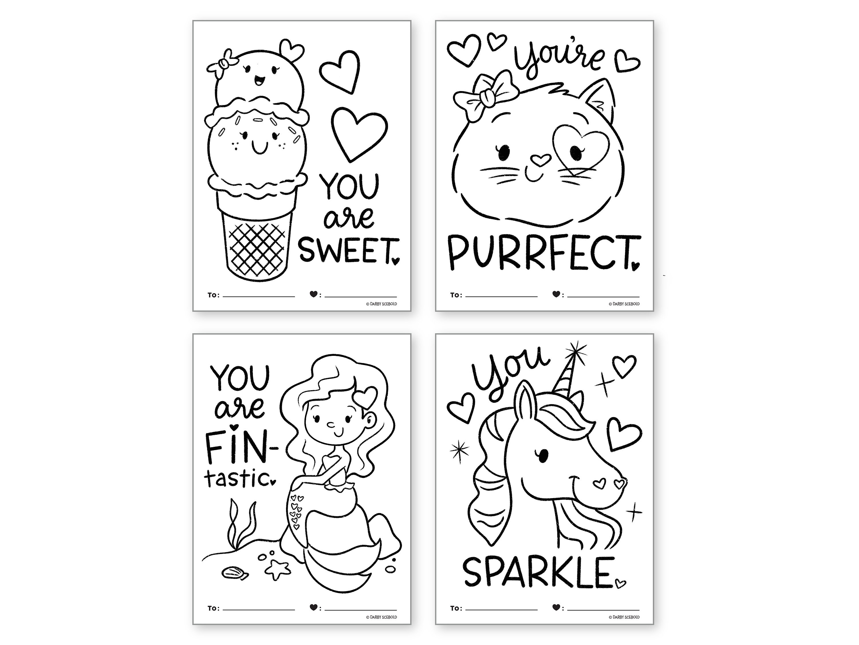 Girlie Coloring Valentines Day Cards / Printable DIY Card / Valentines ...