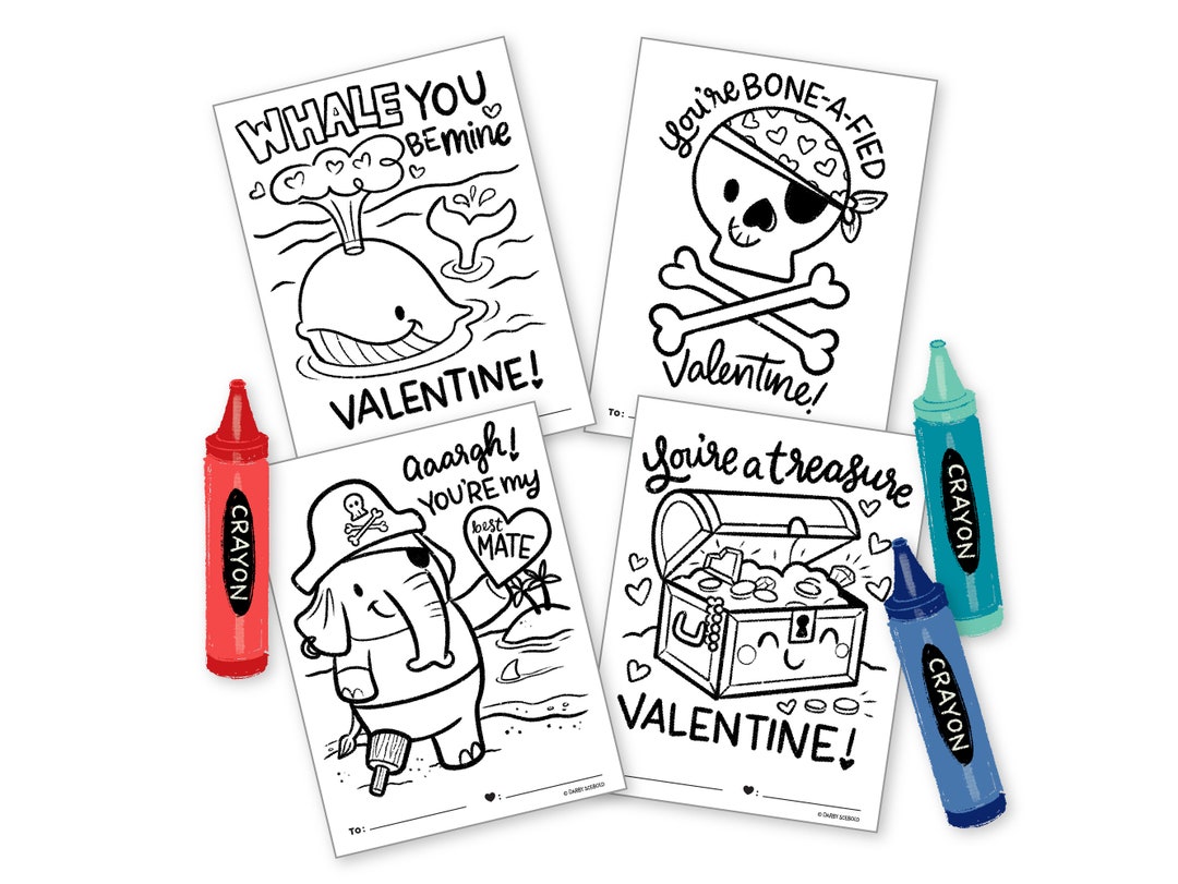 Pirate Coloring Valentines Day Cards / Printable DIY Card / Valentines ...
