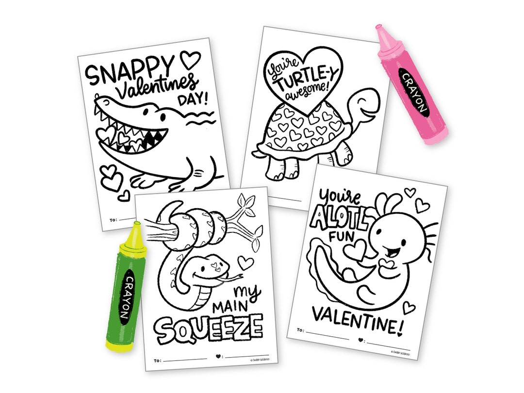 Reptile Coloring Valentines Day Cards / Printable DIY Card / Valentines ...