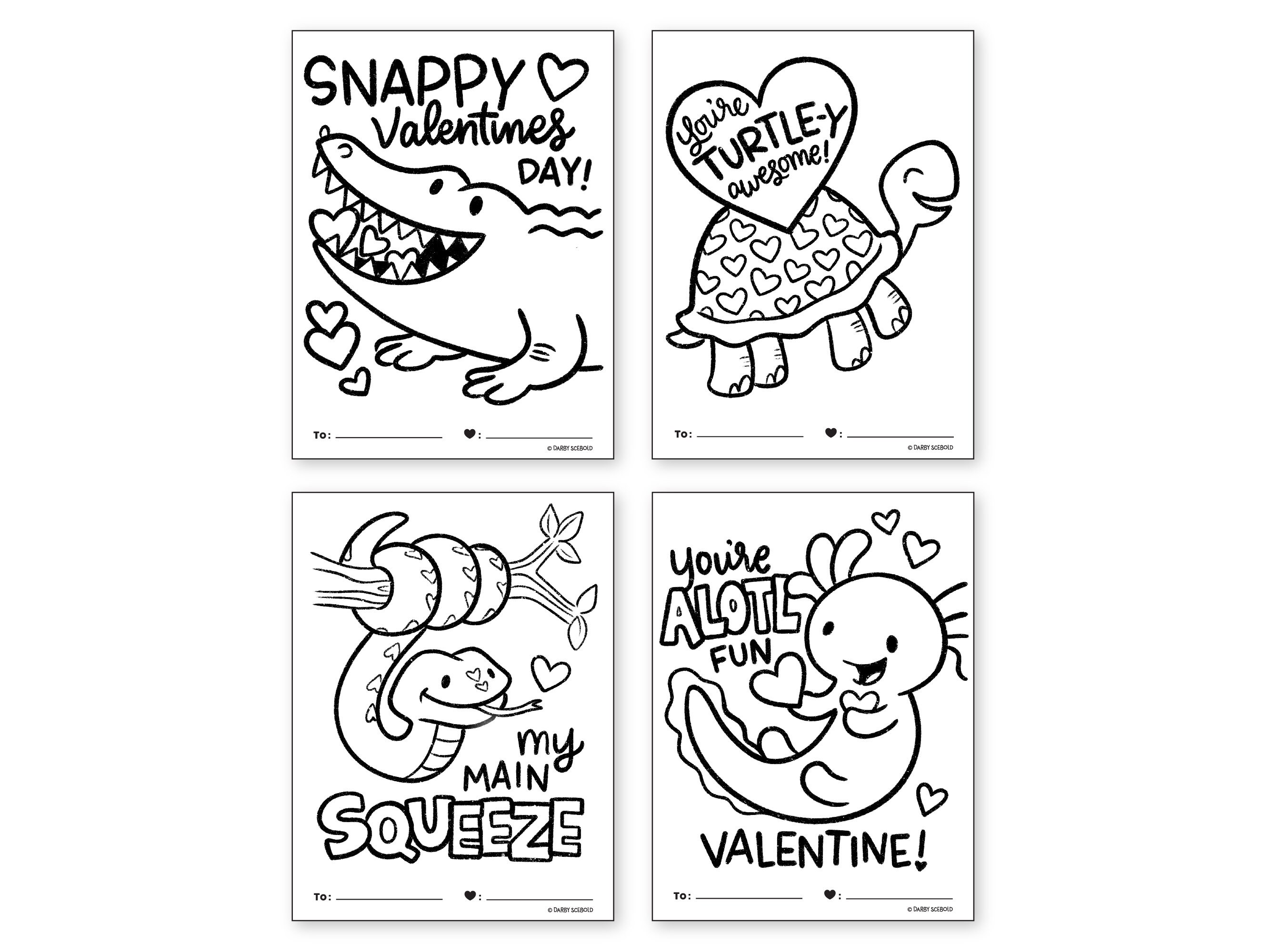 Reptile Coloring Valentines Day Cards / Printable DIY Card / Valentines ...