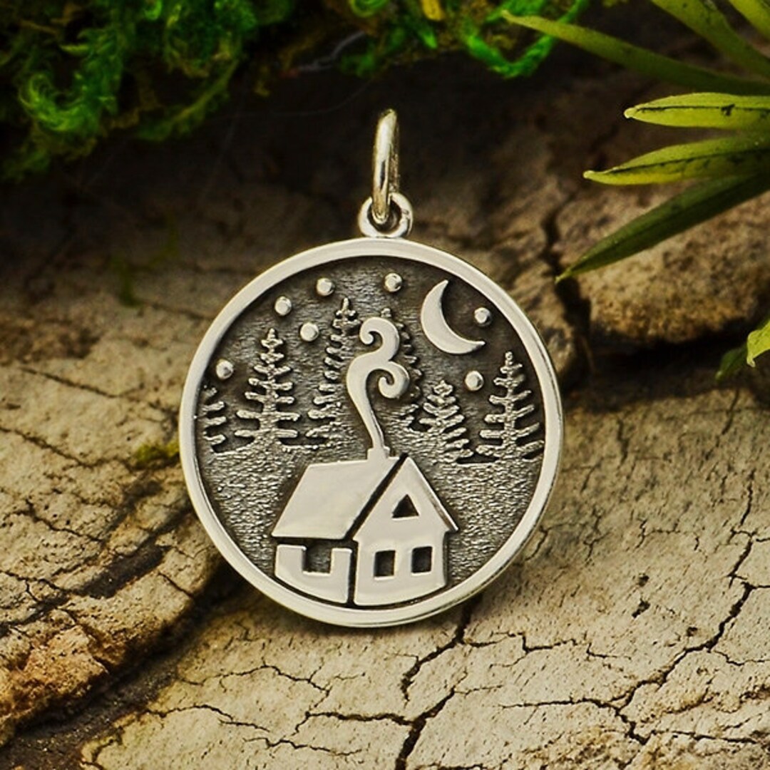 Sterling Silver Cabin Charm With Trees and Moon, Camping Charm, Outdoor ...