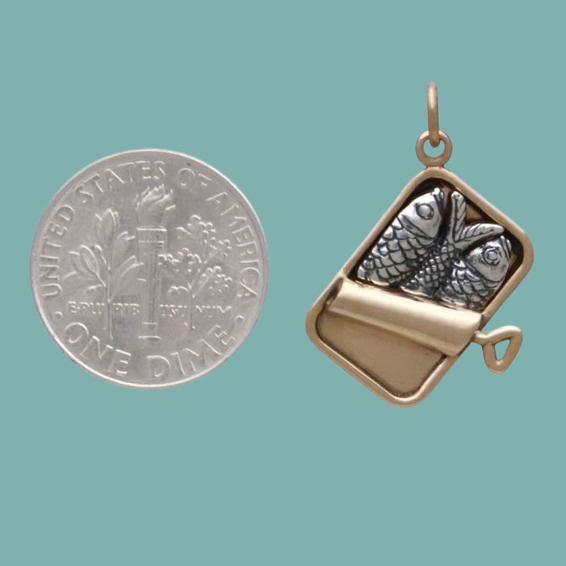 Sterling Silver and Bronze Sardine Can Charm: Fish Pendant, Ocean ...
