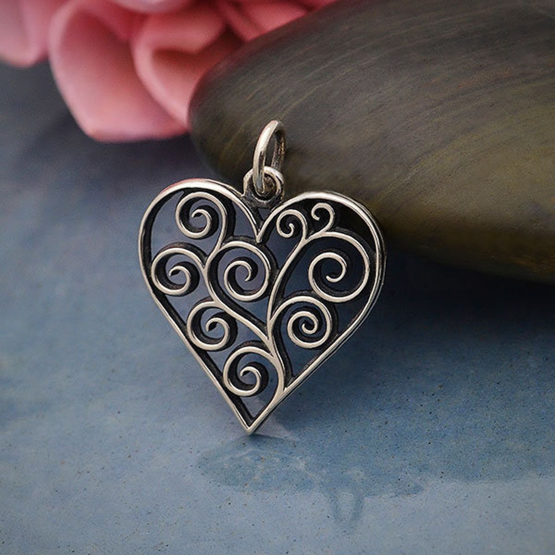 Sterling Silver Heart Charm With Scrollwork, Gift for Mom, Valentine ...