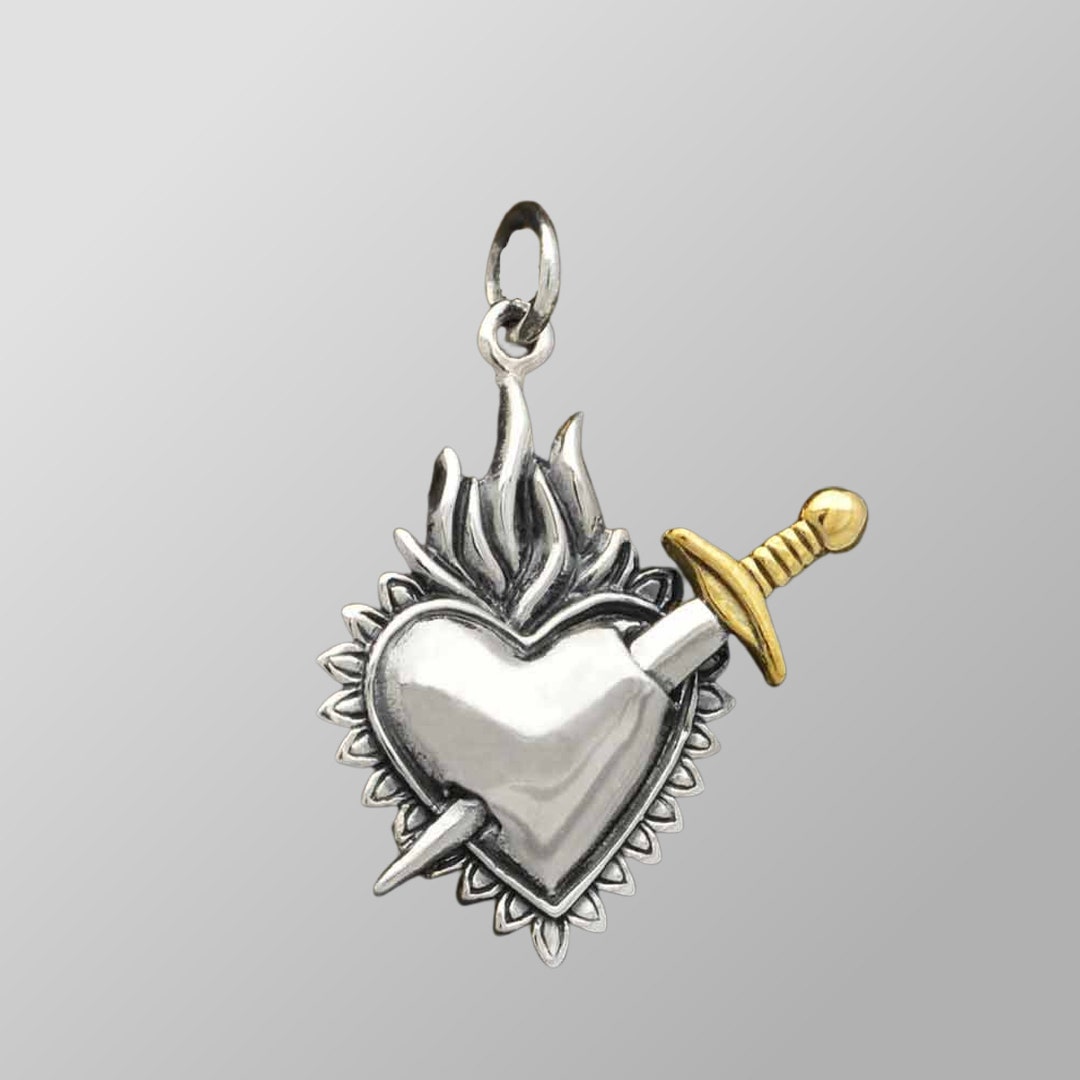Flaming Heart Pendant With Sword Sterling Silver Heart Jewelry ...