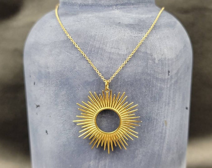 14K Gold Plated Spikey Sun Pendant, Celestial Pendant, Gold Sun Pendant ...