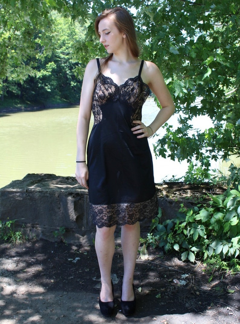 Vintage 60s Gossard Sexy Black Nude Illusion LACE Retro Slip Dress Wide ...