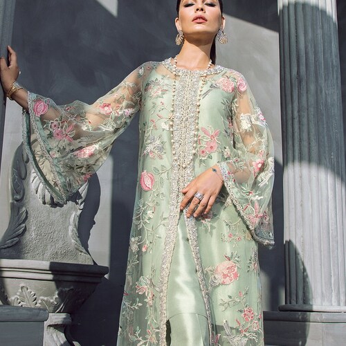 Mint Green Floral Beaded Long Jacket With Silk Inner & Boot - Etsy