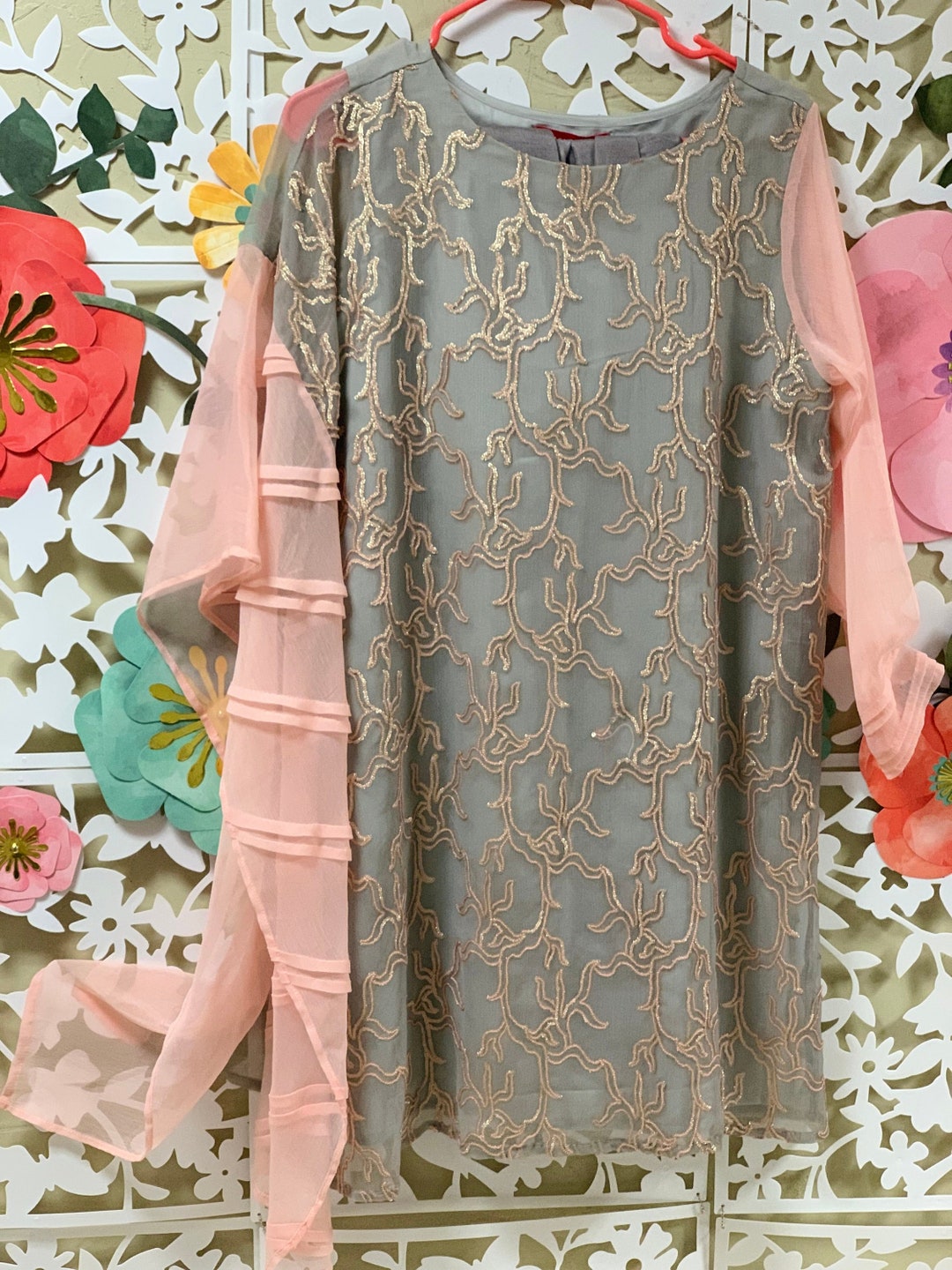 Two Tone Peachy Gray Chiffon Tunic With Sequin Embroidery, 2-pc With ...