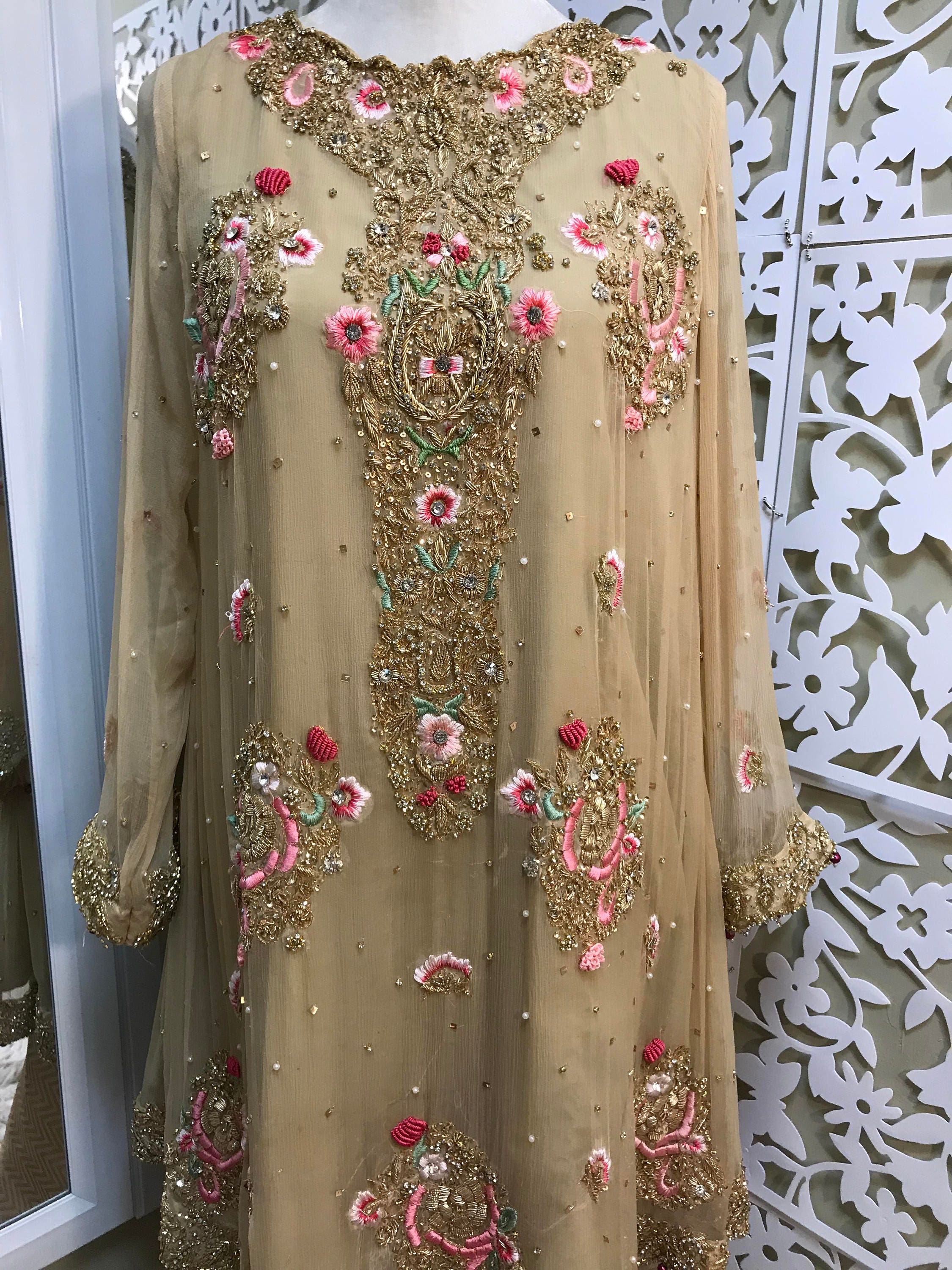 Mina Hasan Inspired Chiffon Dress, Floral Beaded Embroidery, Jamawar ...