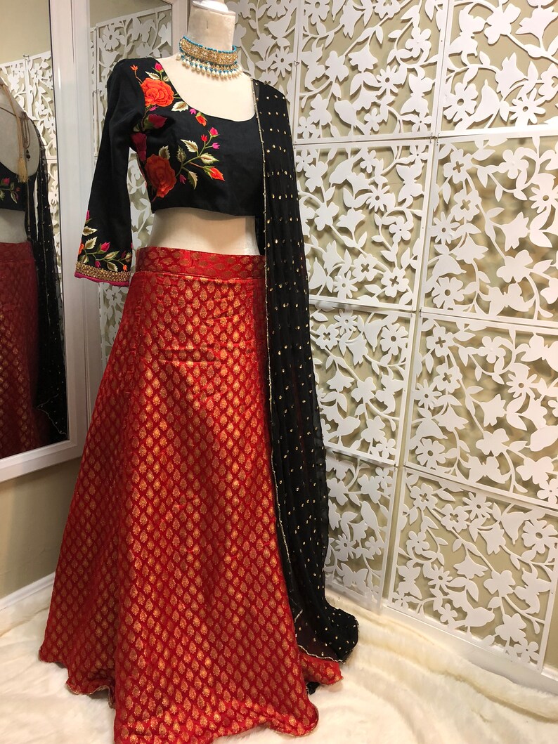 Black and Red Lehnga Choli, Long Sleeve Blakc Choli With Floral ...
