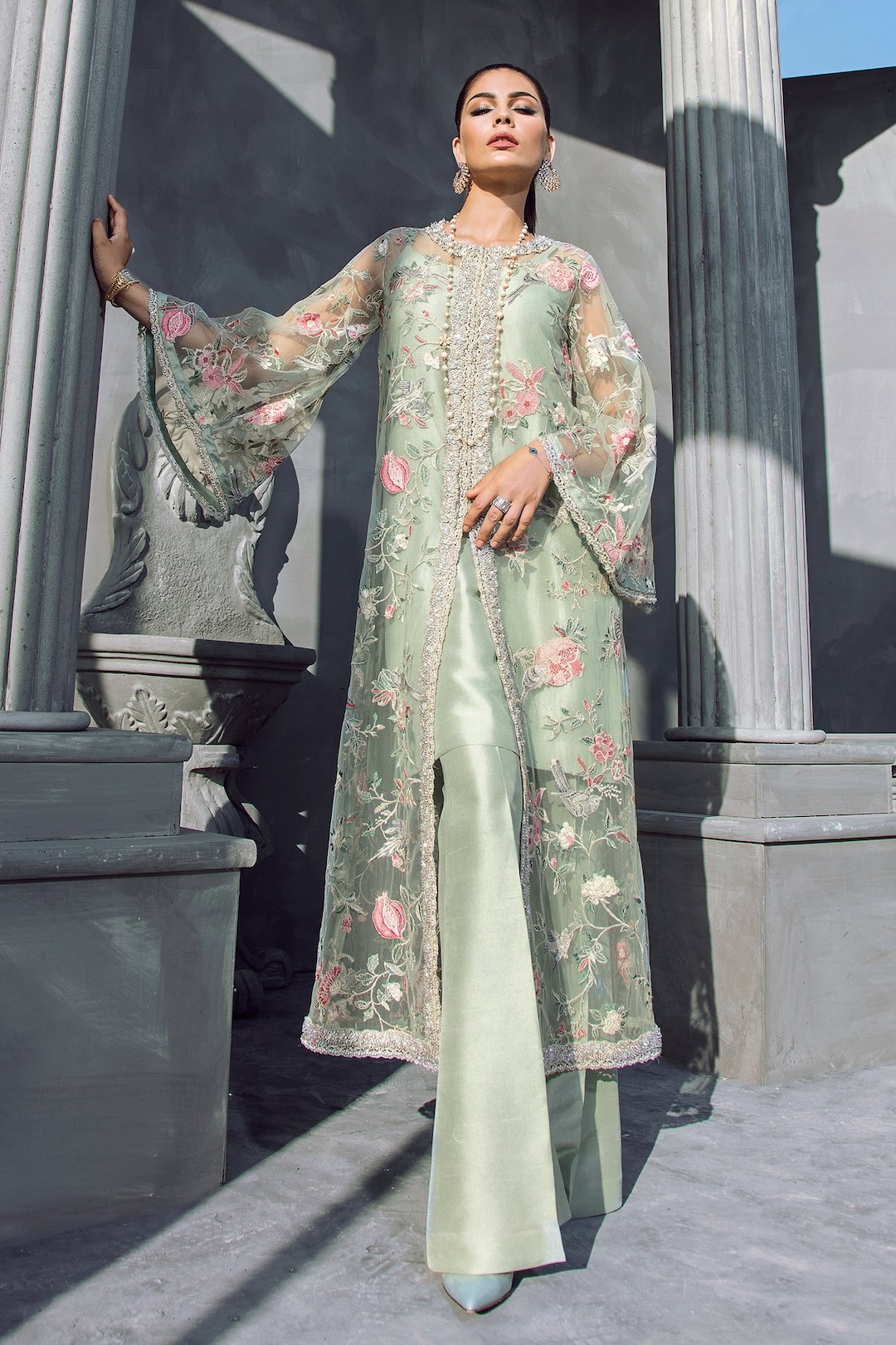Mint Green Floral Beaded Long Jacket With Silk Inner & Boot Cut Pants ...
